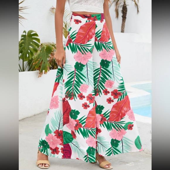 Pants & Jumpsuits | Boho Floral Leaves Tropical Print Wide Leg Palazzo ...
